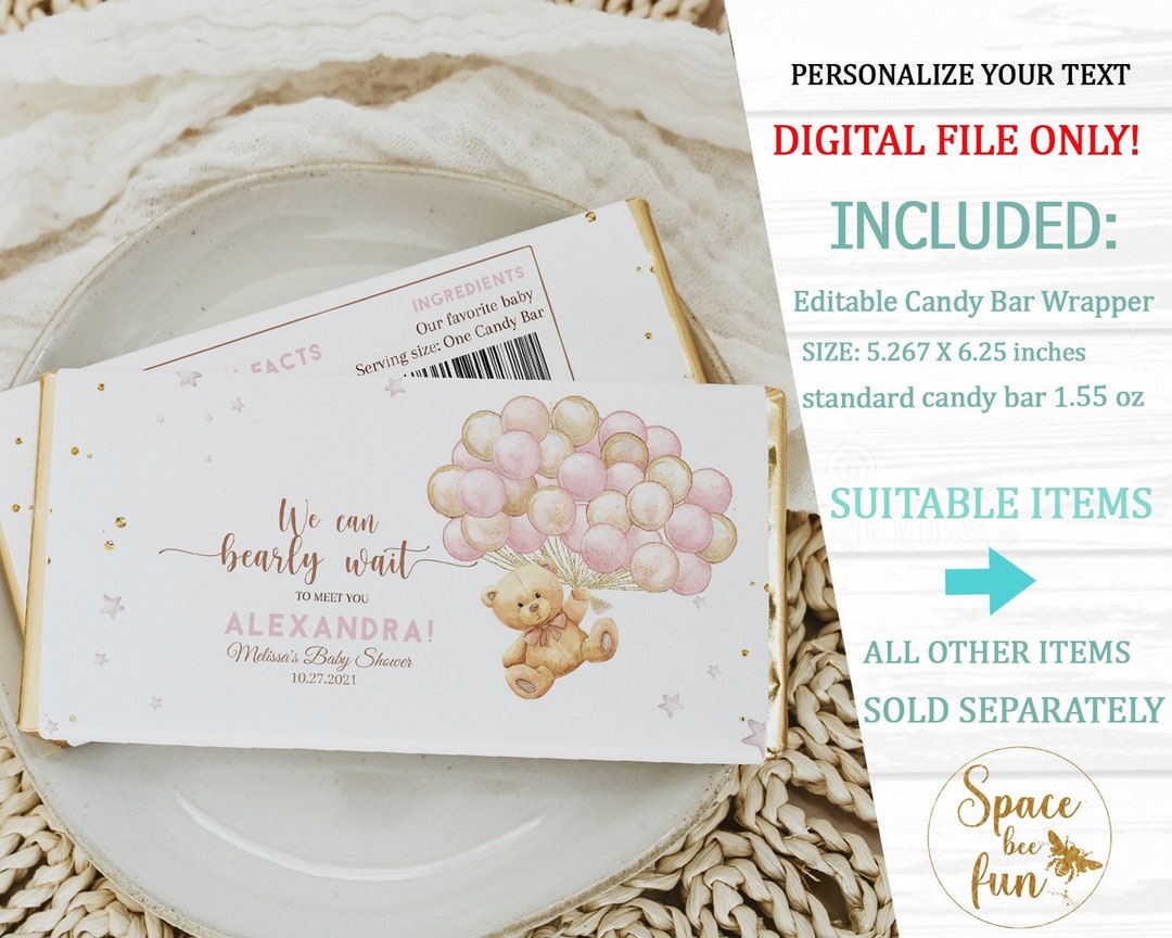 EDITABLE Teddy Bear Baby Shower Girl, Chocolate Bar Wrapper Template ...