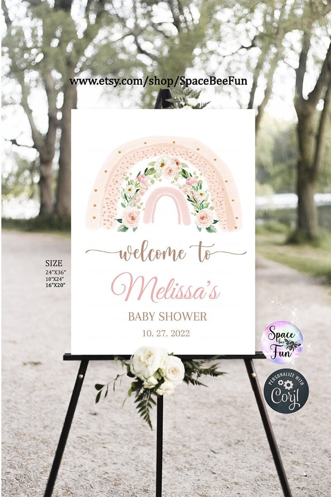 EDITABLE Rainbow Welcome Sign Garden Flowers Baby Shower Floral Blush ...