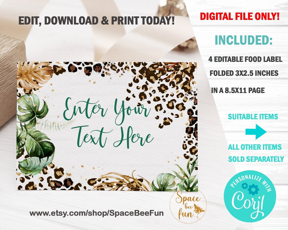 EDITABLE Safari Leopard Print Baby Shower Food Tags Boy Food - Etsy