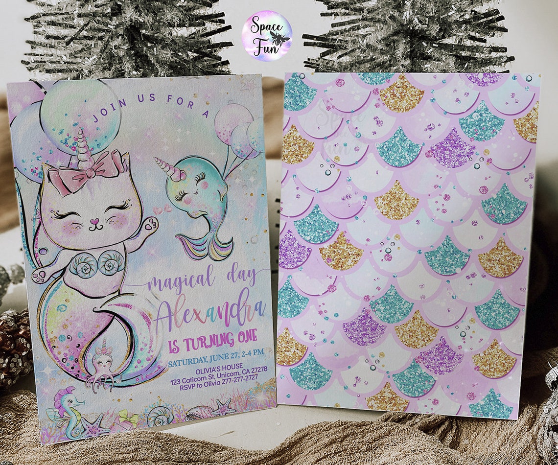 Caticorn Mermaid Birthday Invitation Magical Day Unicorn - Etsy