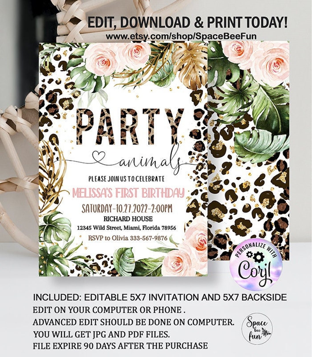 Editable Leopard Print Party Animals Safari Birthday Girl Party Jungle ...