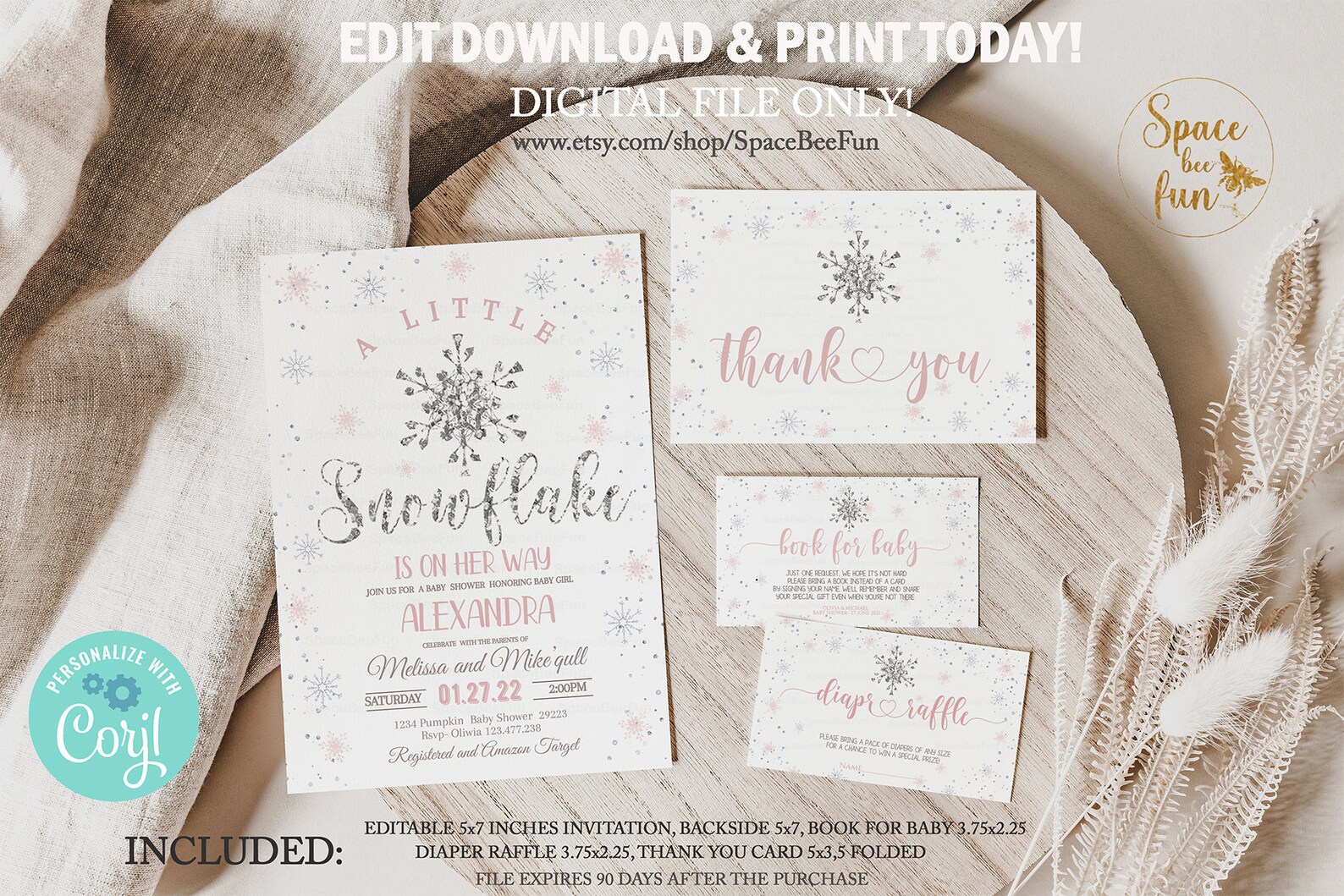 EDITABLE Snowflake Baby Shower Set Decoration Invitation A - Etsy