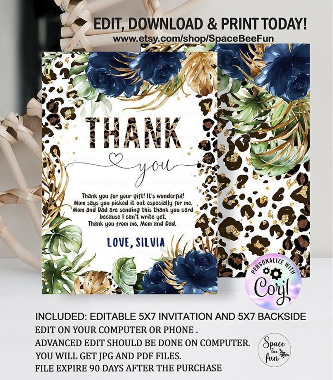 EDITABLE Leopard Safari Birthday Thank You Card Royal Blue - Etsy