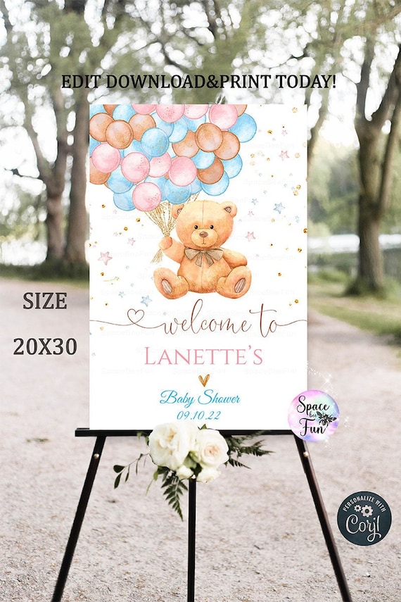 Editable Teddy Bear Baby Shower Welcome sign Gender reveal Invite Boy ...