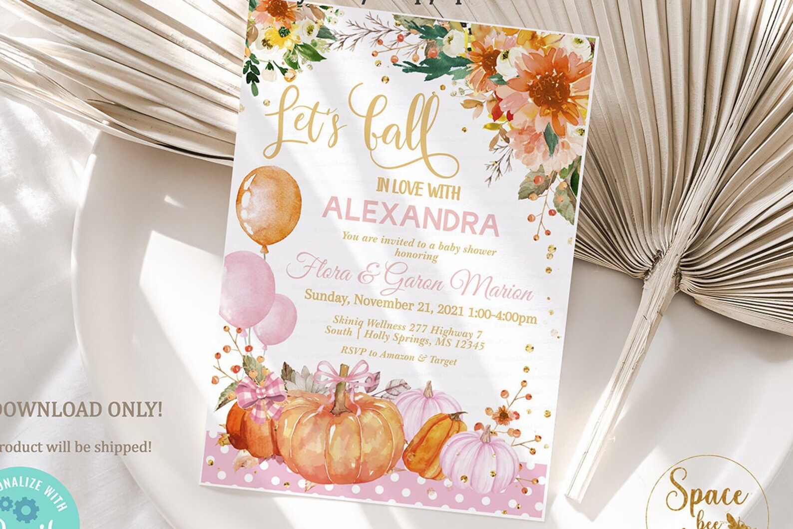 EDITABLE Pumpkin Baby Shower Invitation Girl Pink and Gold - Etsy