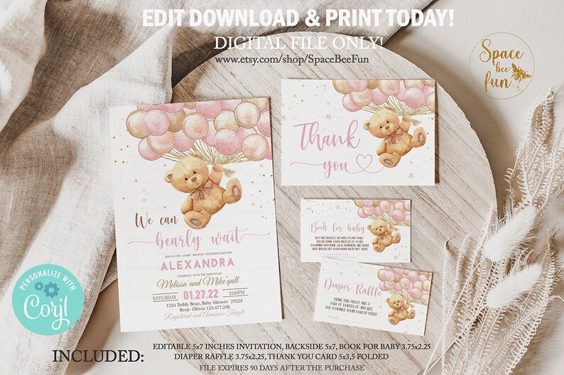 Editable Teddy Bear Baby Shower Invitation Bundle With Teddy - Etsy