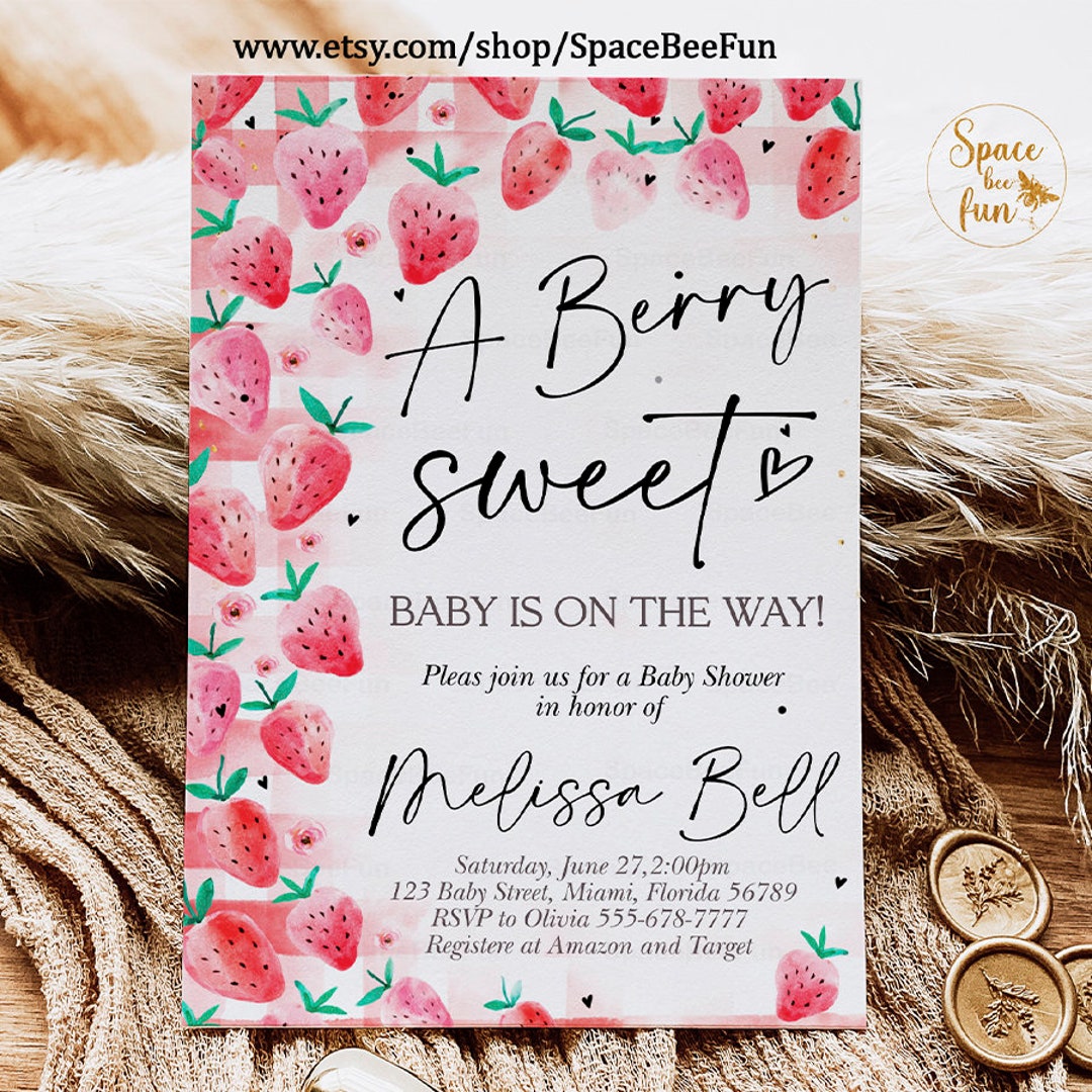 Strawberry Baby Shower Invitation Berry Sweet Baby on the Way Red Girl ...