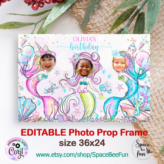 EDITABLE Photo booth frame Birthday Mermaid Photo Prop, Fatm photo ...