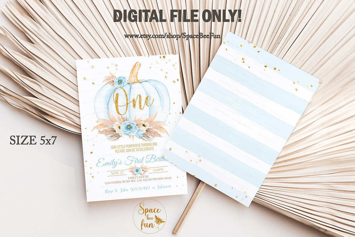EDITABLE Pumpkin 1st Birthday Invitation Boy Boho Blue - Etsy