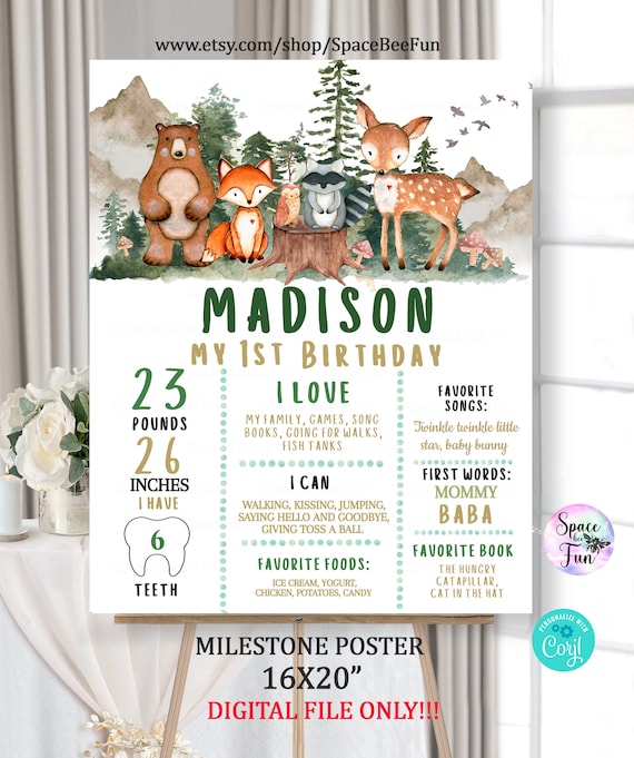 Woodland Birthday Poster First Birthday Chalkboard sign Boy, Woodland ...