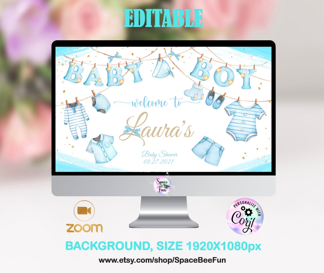 EDITABLE Zoom Background Baby Shower , Boy Elephant Virtual Baby Shower ...