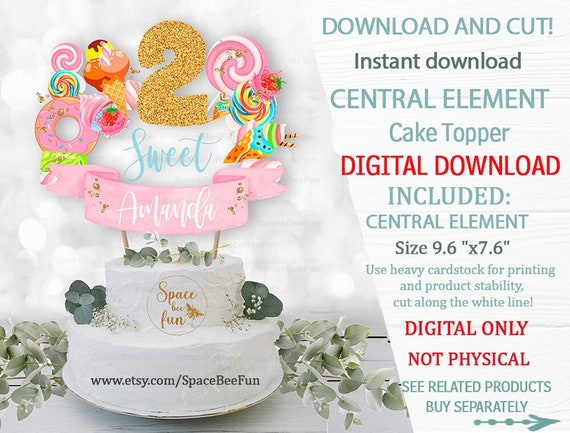 EDITABLE Cake Topper TWO SWEET Birthday Centerpiece Decoration ice ...