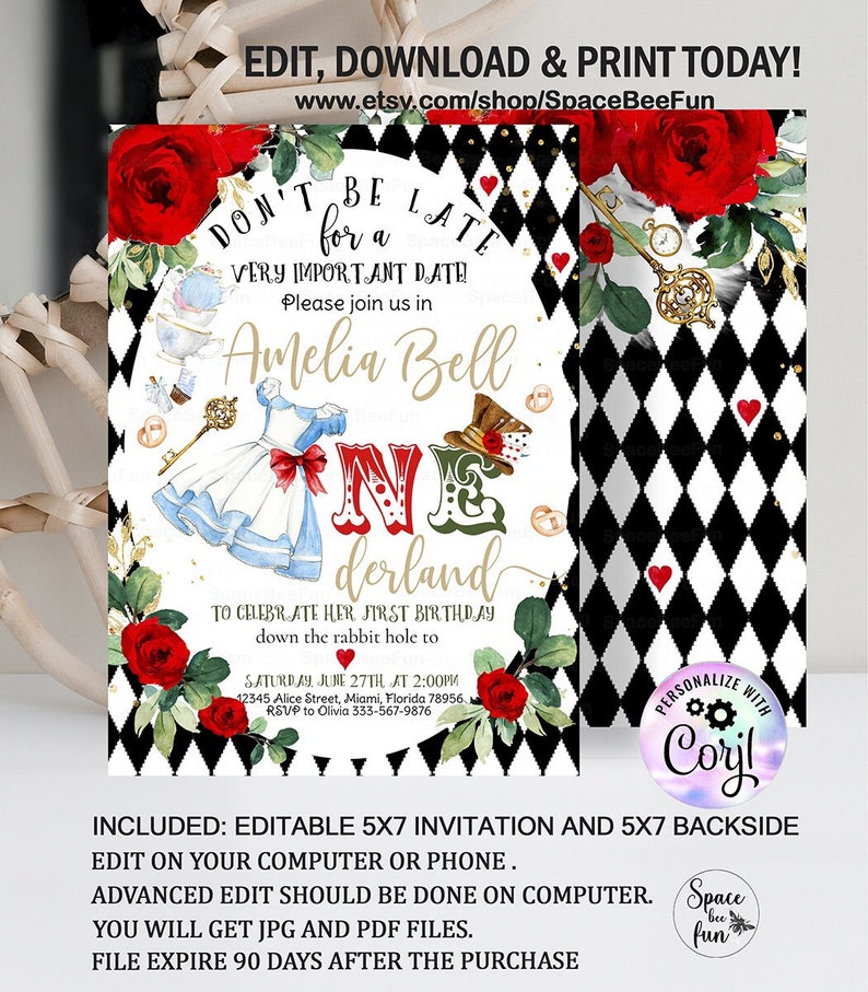Editable Alice in Wonderland Invitation Birthday Party Alice - Etsy