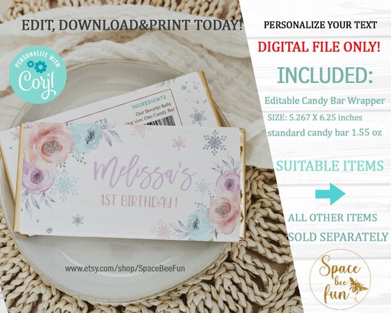 EDITABLE Snowflake 1 st Birthday Chocolate Bar Wrapper Template Candy ...