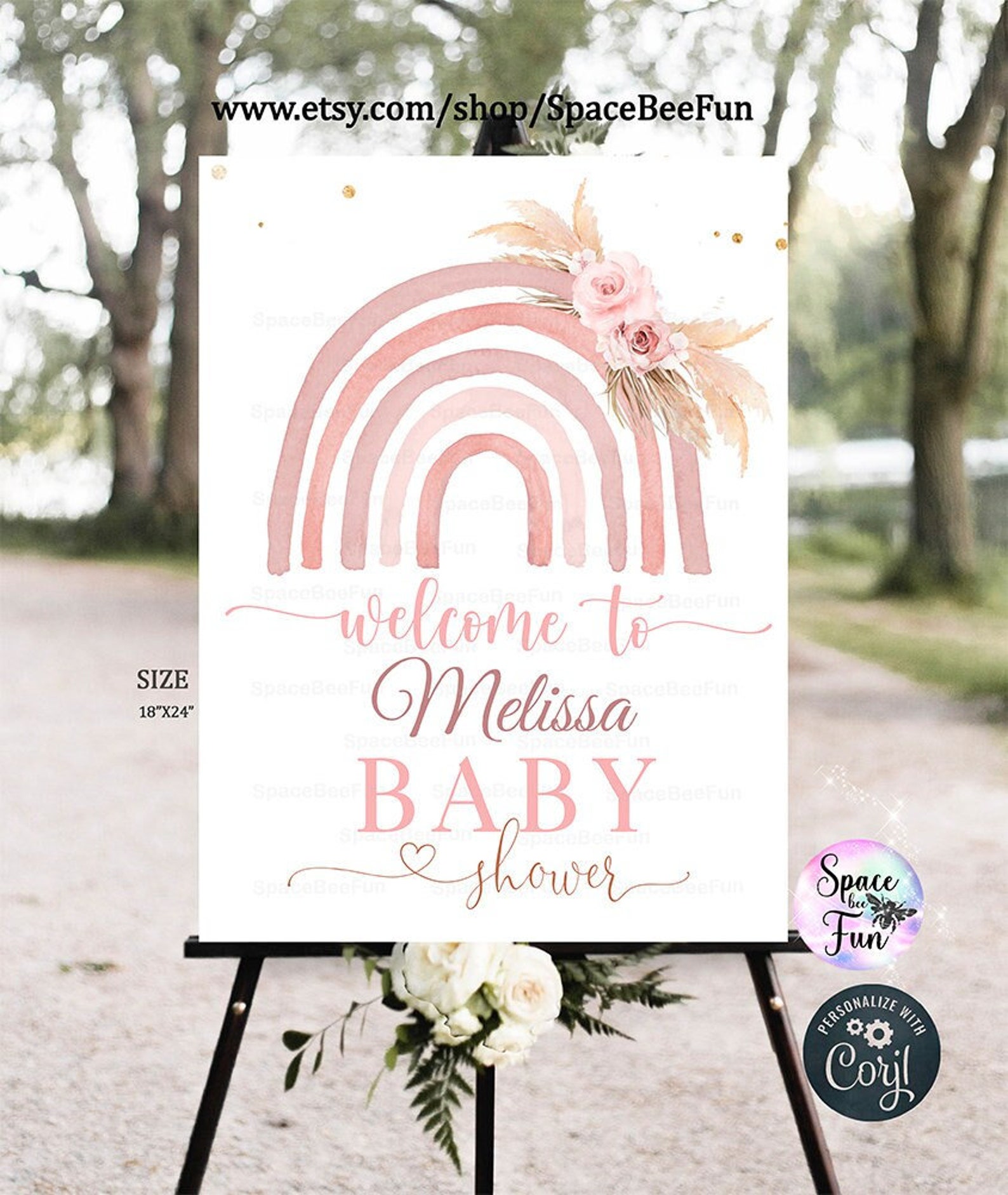Editable Boho Rainbow Baby Shower Welcome Sign Girl Pink Pampas Grass ...