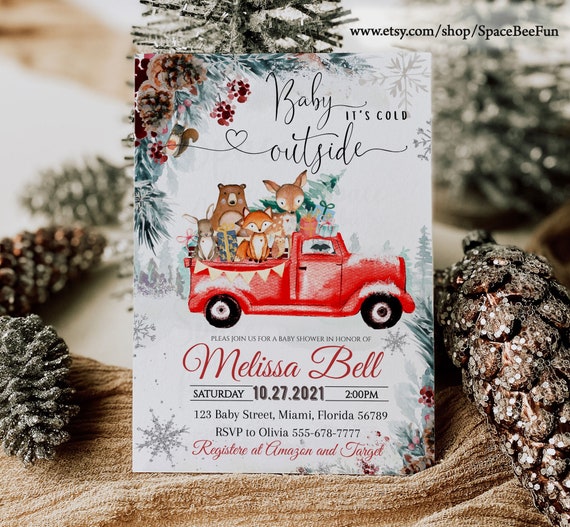 Editable Red Truck Winter Woodland animals Snowy Baby Shower Invitation ...