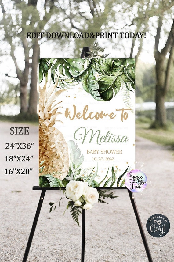 EDITABLE Aloha Baby Shower Welcome sign Tropical Summer Gold Shower ...