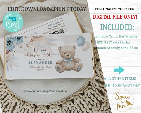 Editable Teddy Bear Baby Shower Boy, Boho Chocolate Bar Wrapper ...