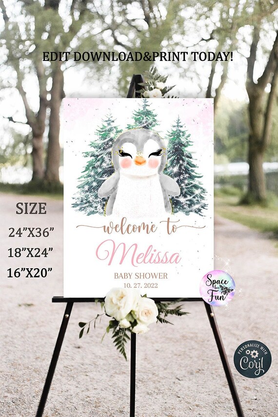 Editable Penguin Baby Shower Sign Girl, It's cold outside Shower Winter ...