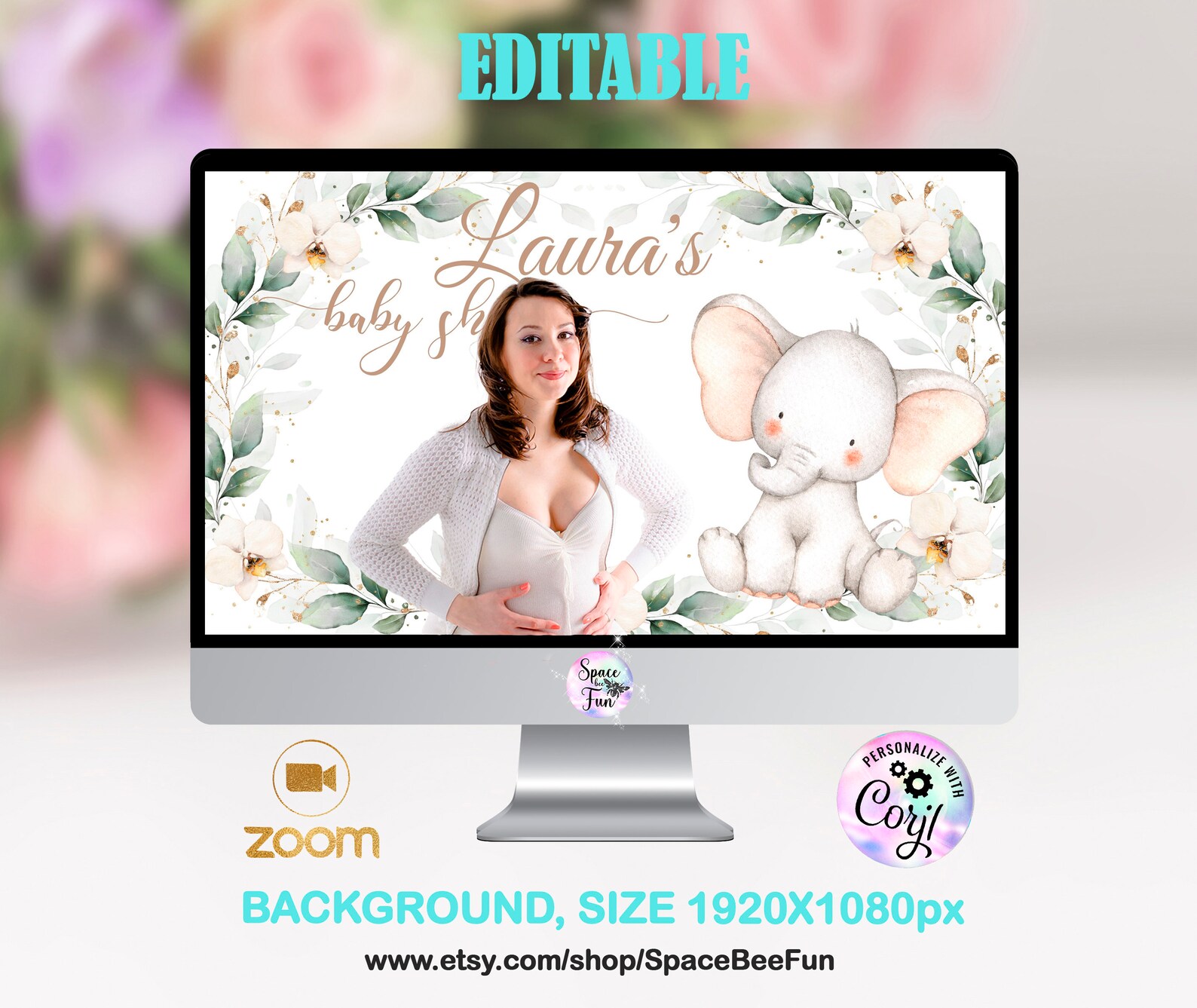 EDITABLE Zoom Background Baby Shower Safari Elephant Virtual - Etsy