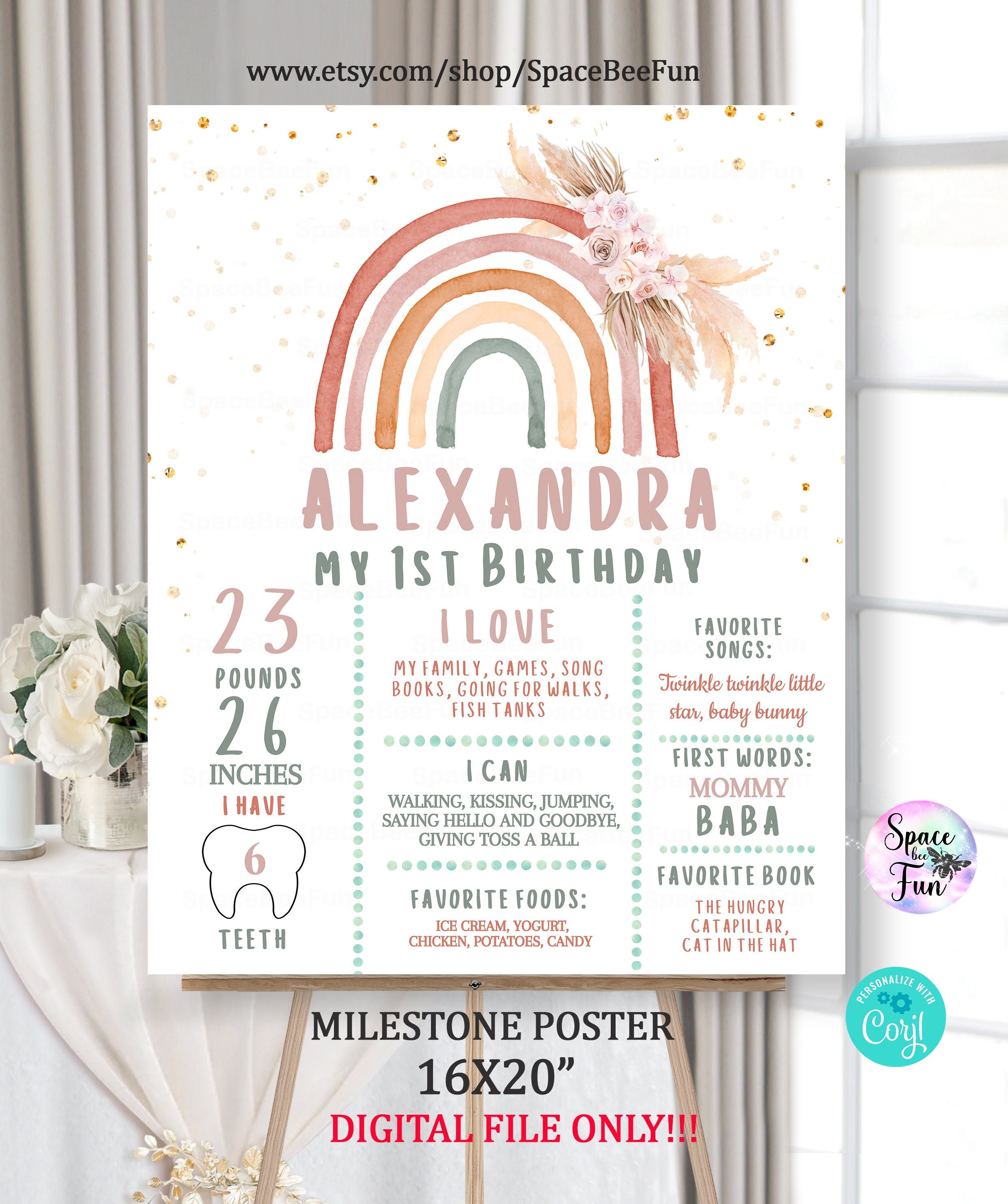 Rainbow Boho Milestone Birthday Poster Rainbow First Birthday EDITABLE ...