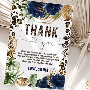 EDITABLE Leopard Safari Birthday Thank You Card, Royal Blue Boy Wild ...