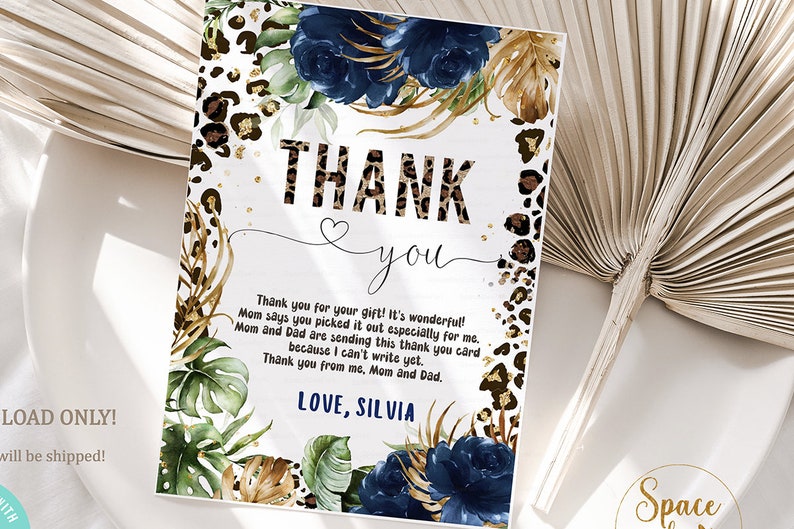 EDITABLE Leopard Safari Birthday Thank You Card Royal Blue - Etsy