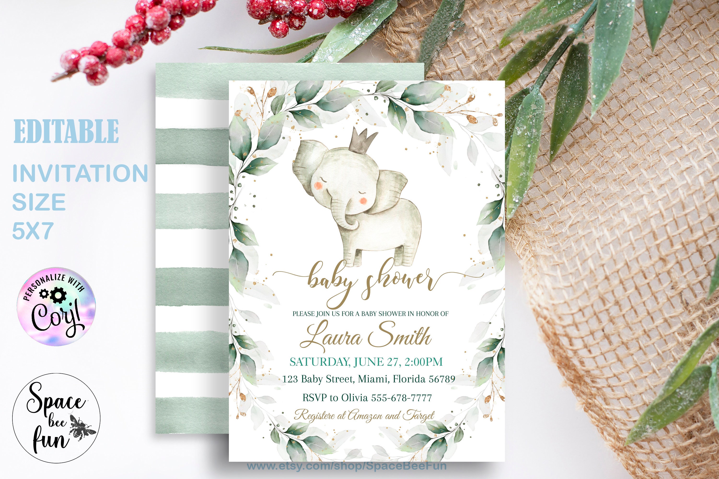 EDITABLE Elephant Baby Shower Invitation Elephant Themed Baby - Etsy