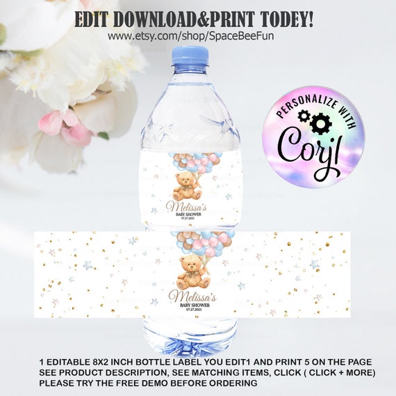 Editable Teddy Bear Baby Shower Bottle Label Bear Gender - Etsy