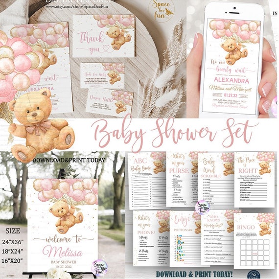 Editable Teddy Bear Baby Shower Invitation We Can Bearly Wait Girl, Package Games hot air ...