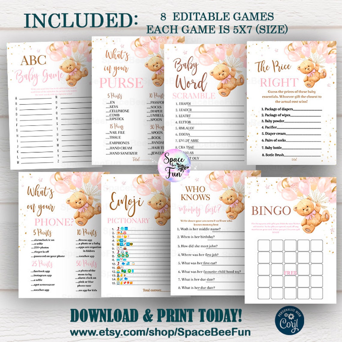 EDITABLE Teddy Bear Baby Shower Games Girl Games Teddy Bear - Etsy