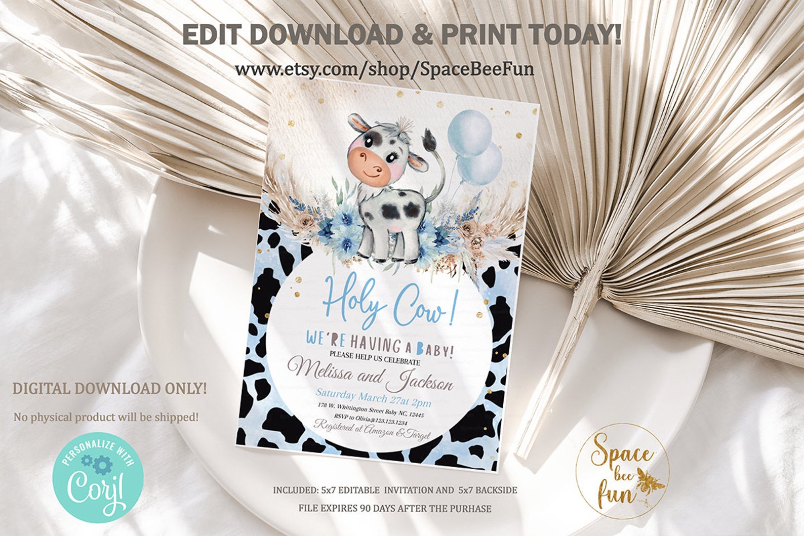 EDITABLE Holy Cow Baby Shower Invitation Boy Cow Boho Pampas - Etsy
