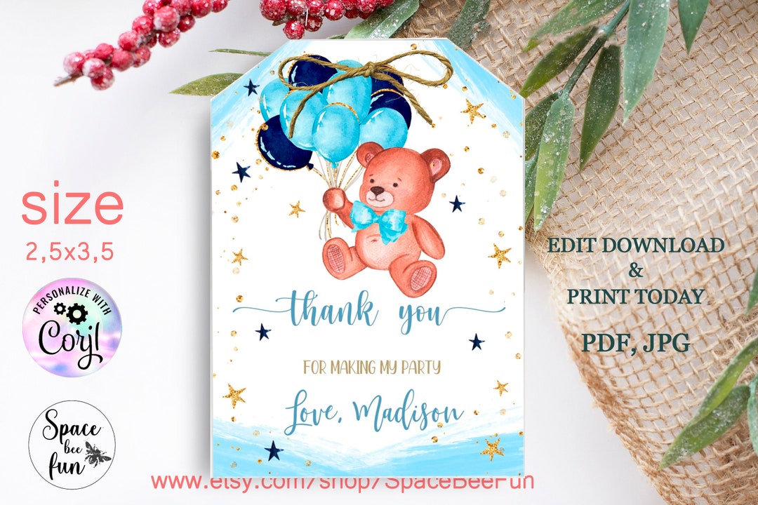 Editable Bear Thank You Birthday Favor Tags Beary Much Little Cub Tag ...