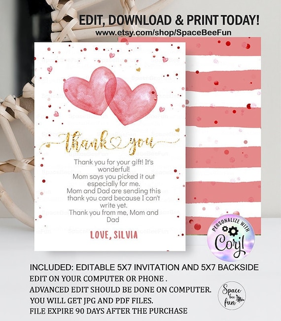 Editable Valentine Thank you card First Birthday Note card, Valentine ...