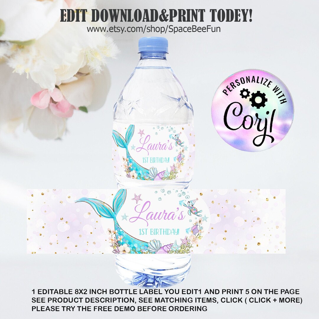 EDITABLE Mermaid Birthday Water Bottle Label, Mermaid Birthday Favor ...