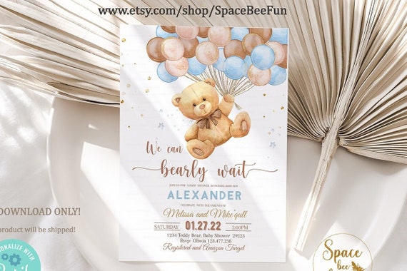 Editable Teddy Bear Baby Shower Invitation We Can Bearly Wait Boy Hot 