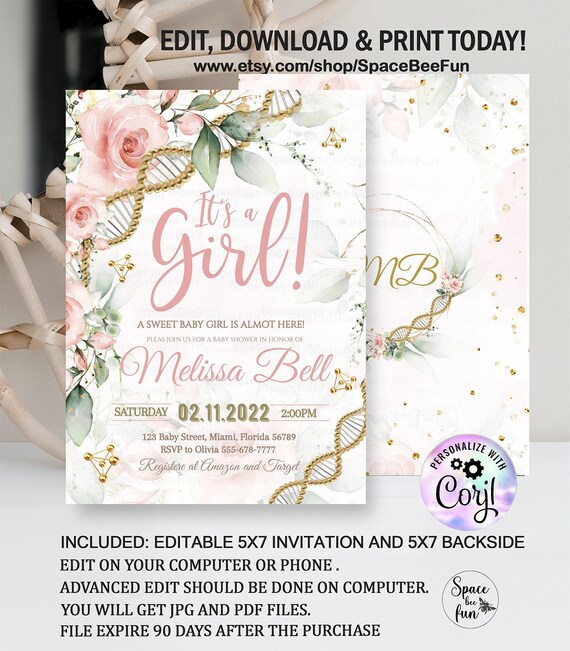 EDITABLE Invitation Blush Pink Floral DNA Baby Shower Invitation It’s a ...