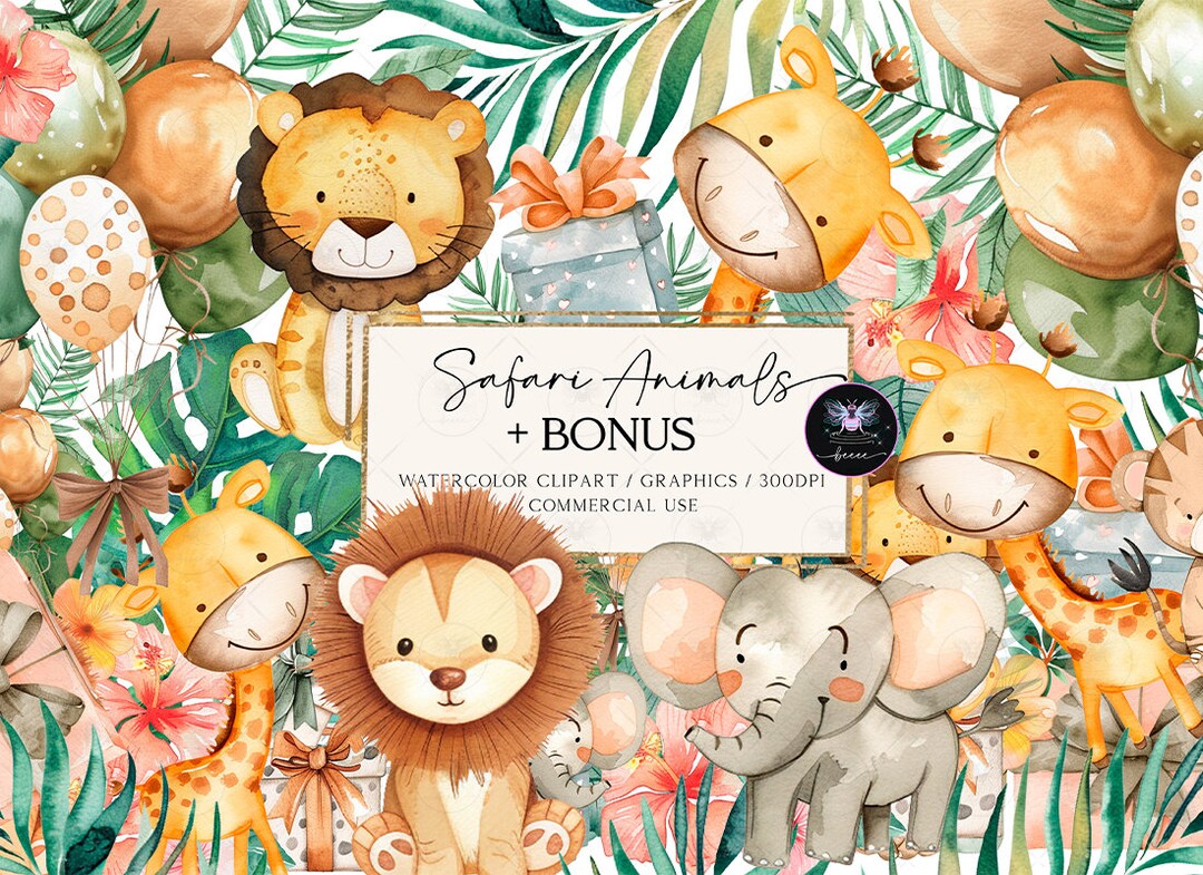 Safari Animals Baby Shower Watercolor Clipart Sweet Elephant Jungle ...