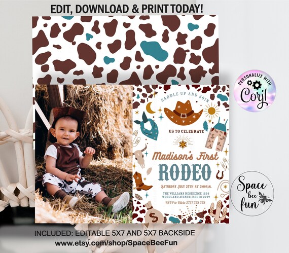 Cowboy My First Rodeo Invitation With Photo Birthday Invite Editable ...
