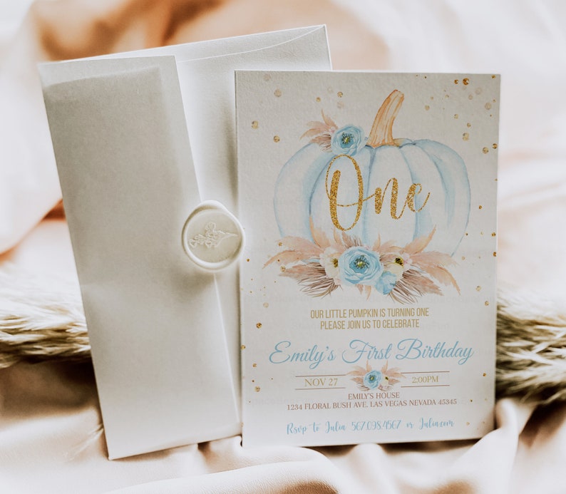EDITABLE Pumpkin 1st Birthday Invitation Boy Boho Blue - Etsy