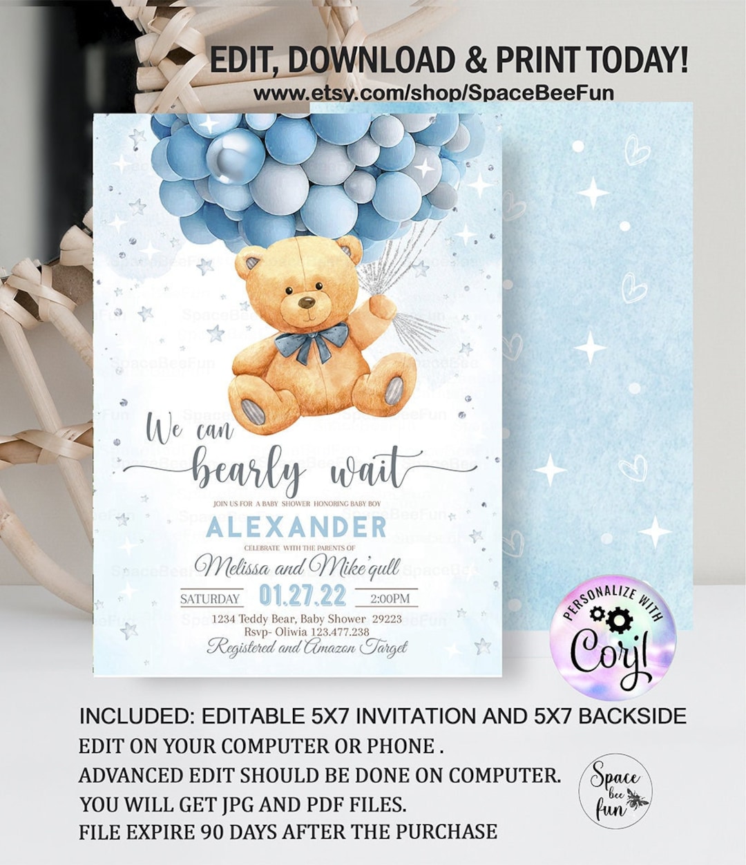 Editable Teddy Bear Baby Shower Invitation We Can Bearly Wait Boy, Hot ...