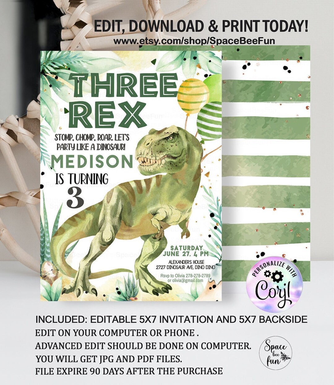 Editable Dinosaur Three Rex Invitation Boy, Dinosaur Party Birthday ...