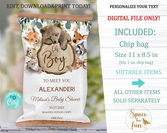 EDITABLE EVITE Woodland Animal Chip Bag Label Boy Baby shower Animals ...