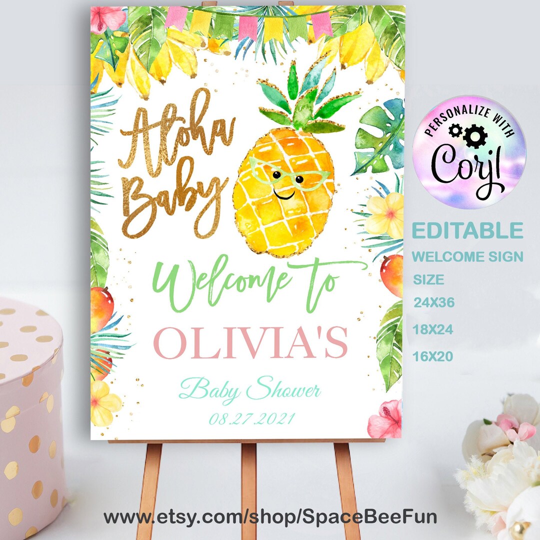 EDITABLE Aloha Pineapple Baby Shower Sign, Hawaiian Baby Shower Invie ...