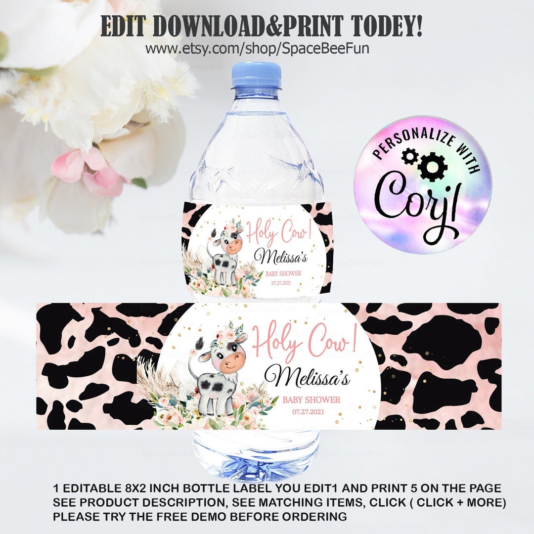 EDITABLE Holy Cow Girl Bottle Label Cow Labels, Boho Pampas Grass Farm ...