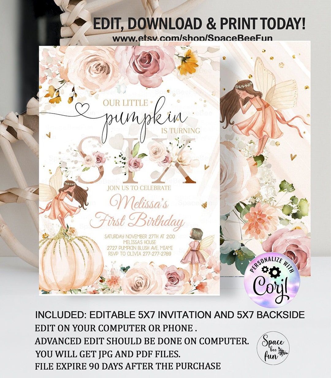 Editable Pumpkin Fairy Six Birthday Invitation Little Pumpkin Fall ...