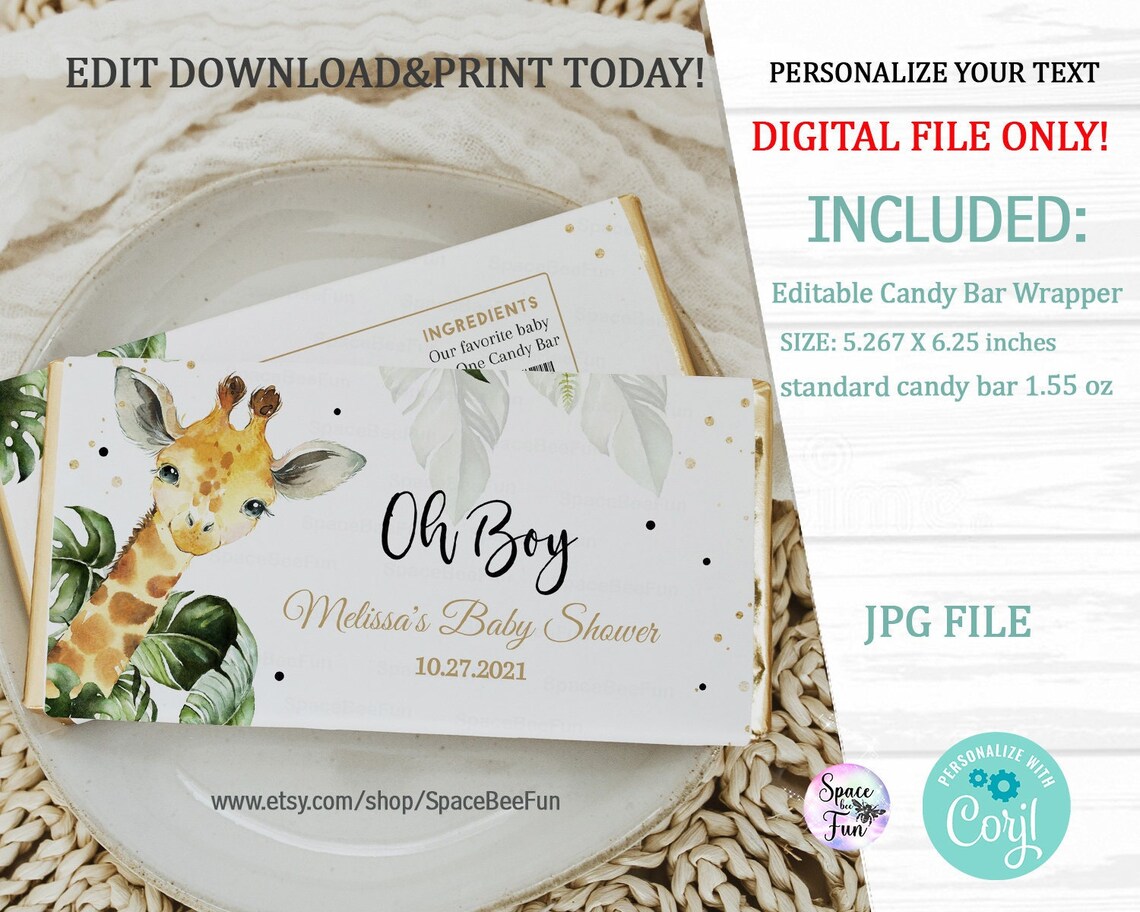 EDITABLE Safari Baby Shower Boy Chocolate Bar Wrapper Template - Etsy