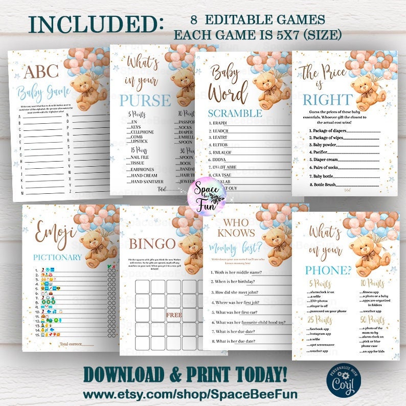 EDITABLE Teddy Bear Baby Shower Games Boy Games Teddy Bear - Etsy