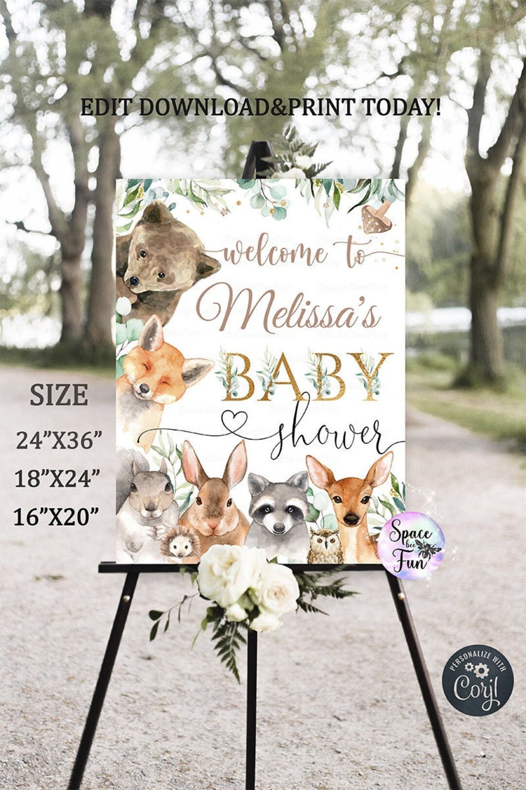 Woodland Baby Shower Welcome Sign Boy, Bear Fox Editable Theme ...
