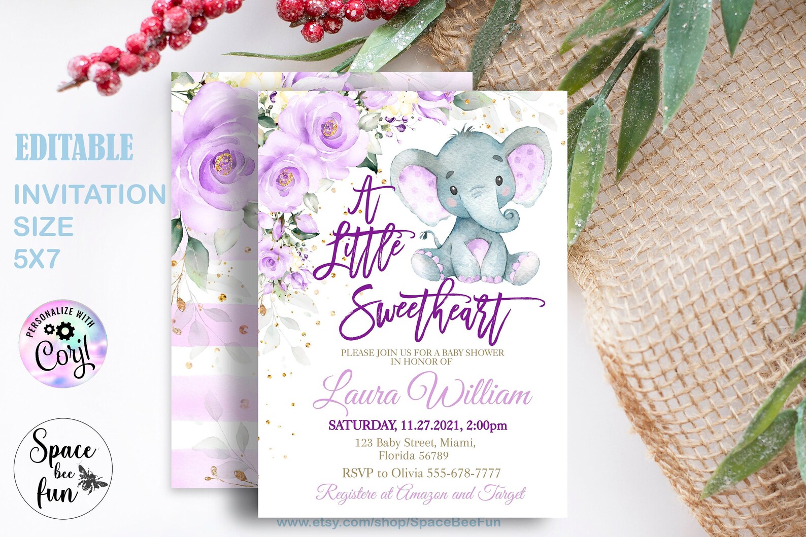 EDITABLE Purple Elephant Baby Shower Invitation Girl Shower | Etsy